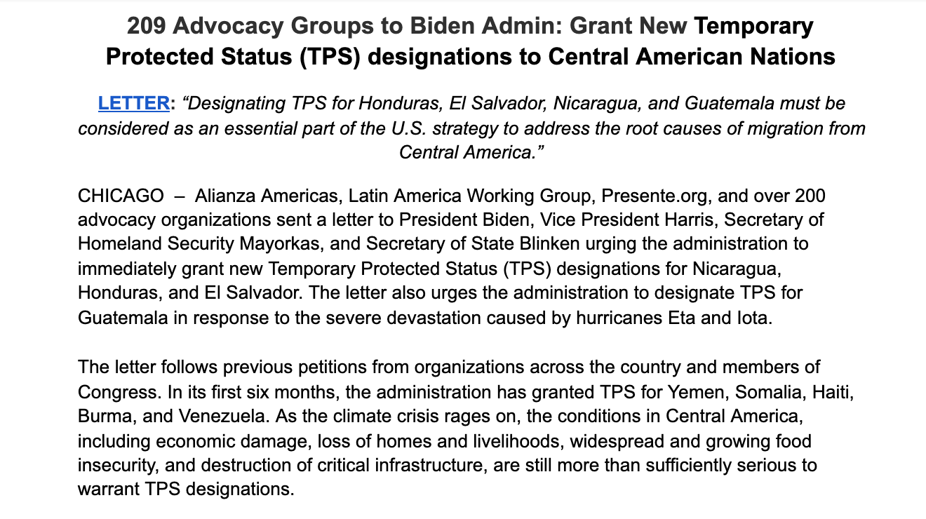 Press Release: 209 Advocacy Groups to Biden Admin: Grant New Temporary ...